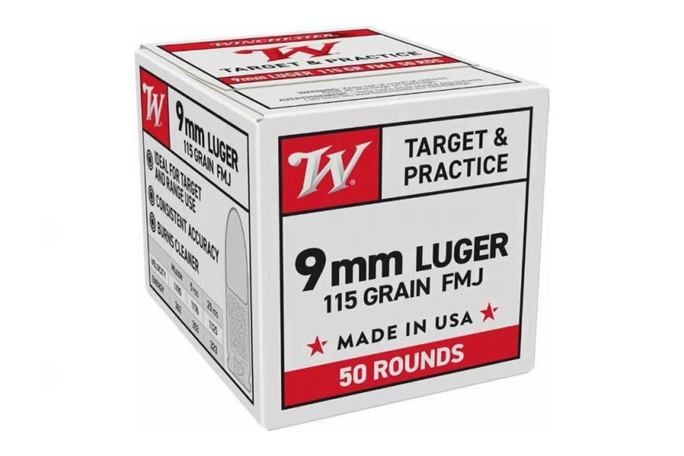 Winchester W9MM50 9mm Luger 115 gr FMJ USA Target/Practice 50/Box ...