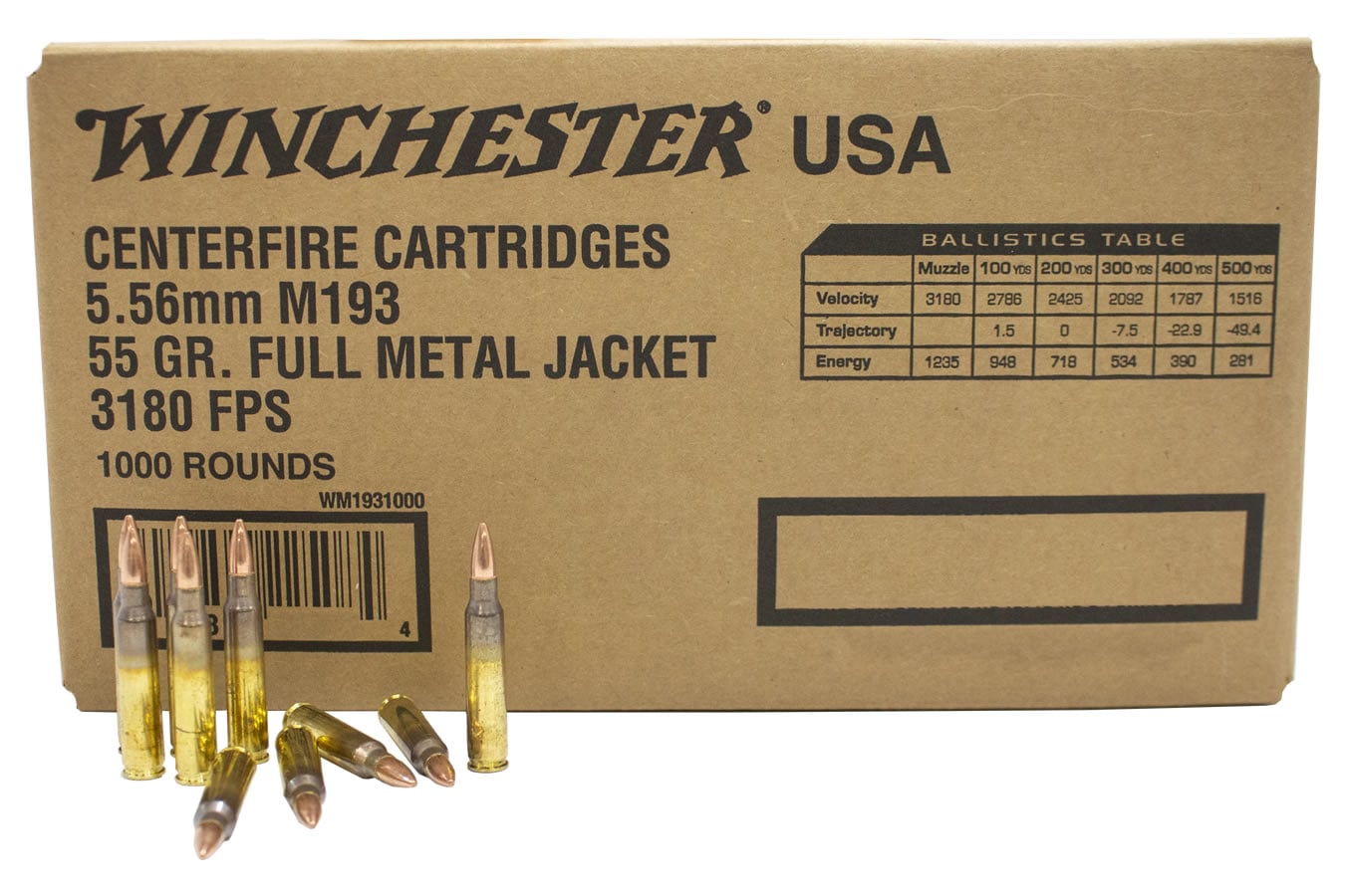 Winchester WM193 5.56mm 55 gr FMJ M193 1000/Box | Sportsman's Outdoor ...